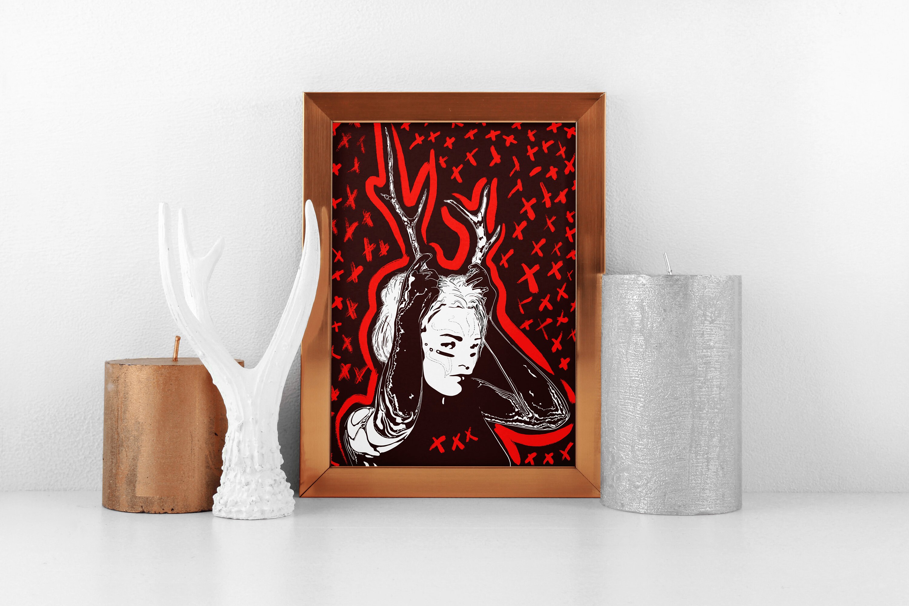 Woman With Horns Poster Demon Girl Art Print Female Goddess Gothic Mystic Picture Occult Witch ...