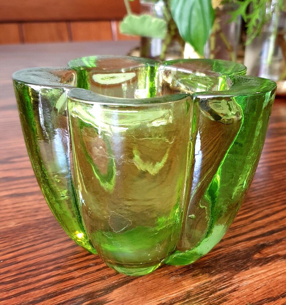Vintage Mid Century Art Glass Bowl - Lovely Heavy Green Glass Flower ...