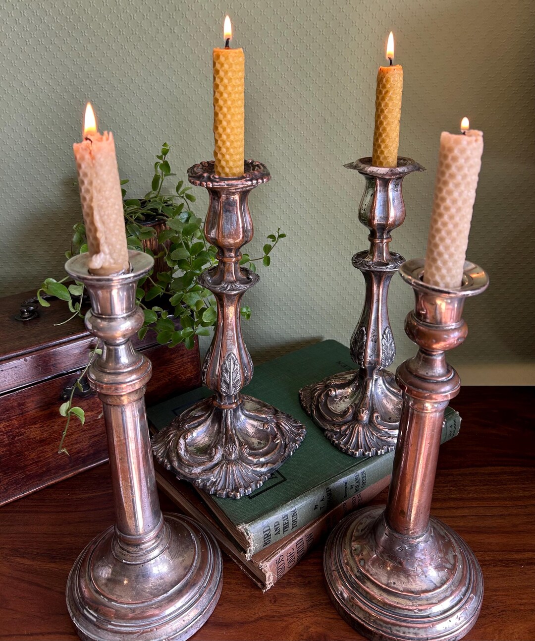 Antique Silver Plated Copper Candlesticks - Gorgeous Authentic Aged ...