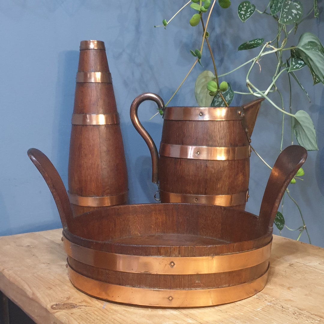 Vintage Copper Banded Oak Bowl, Jug and Bottle - Lovely Hand Made ...