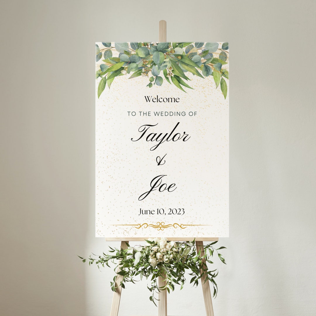GIGI Eucalyptus Greenery Wedding Welcome Sign, Green and Gold Signage ...