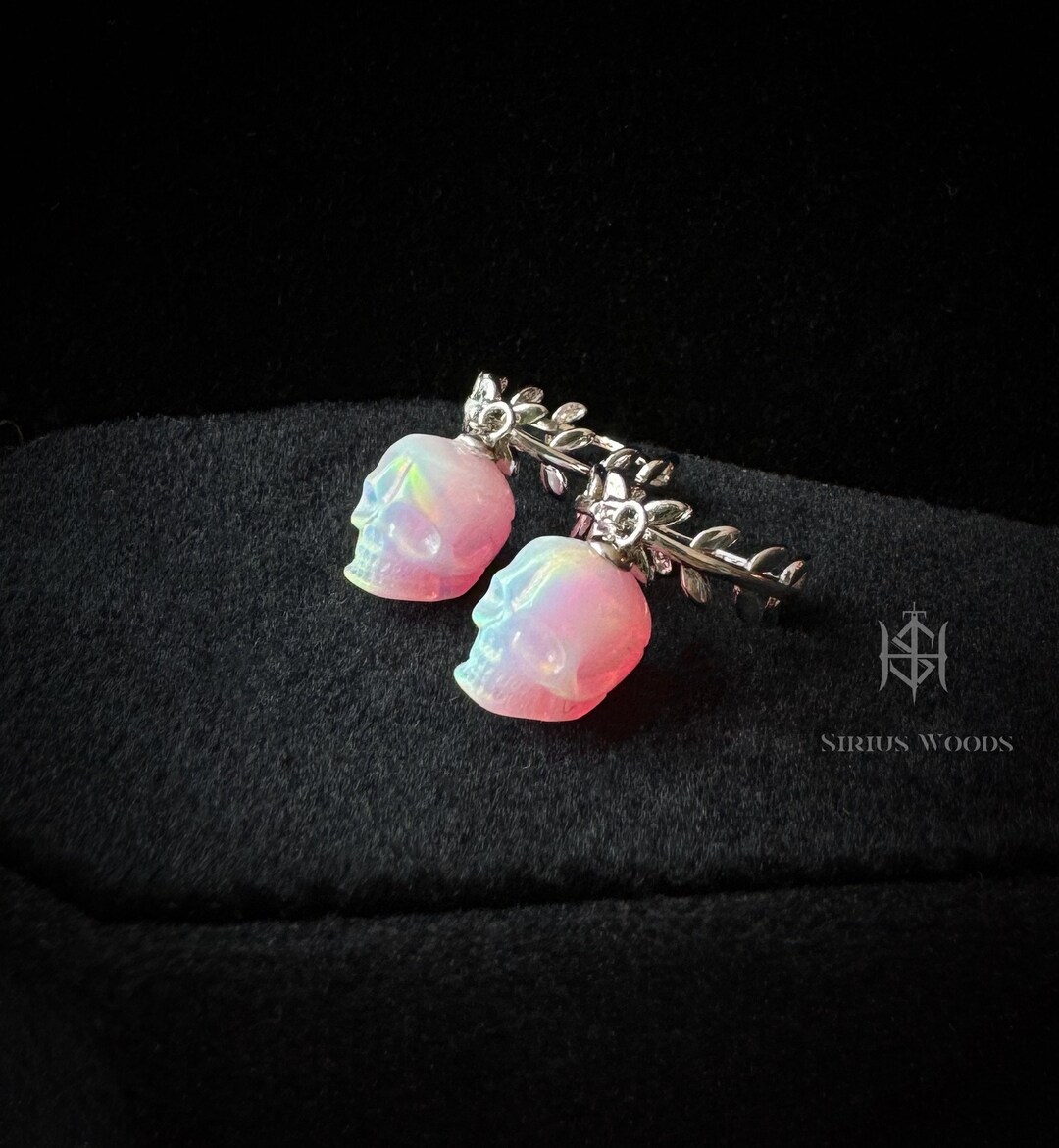 Olive Branch Opal Skull Earrings •lab Created Pink Opal Skull Earrings ...