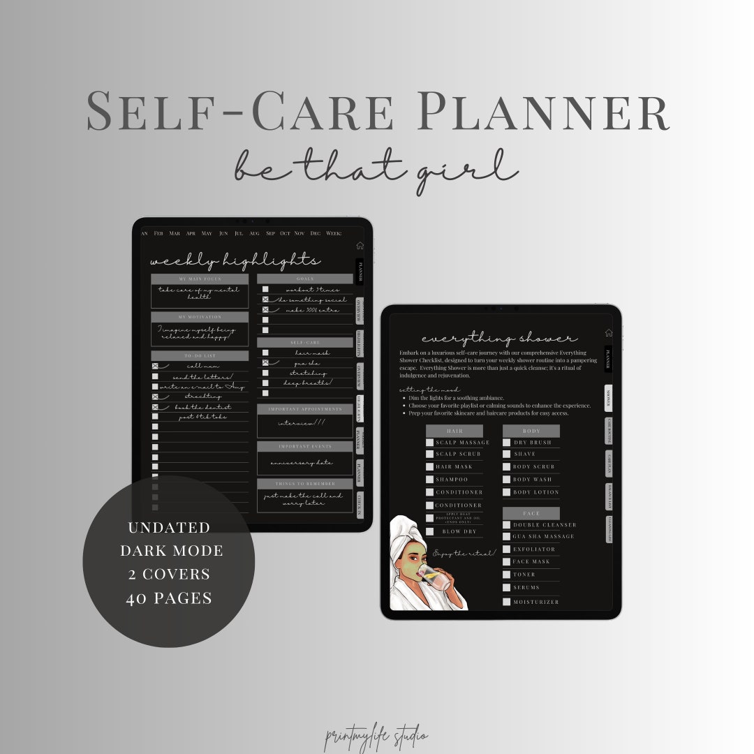 That Girl Self Care Planner 2025 | Dark Mode Daily, Weekly & Monthly ...
