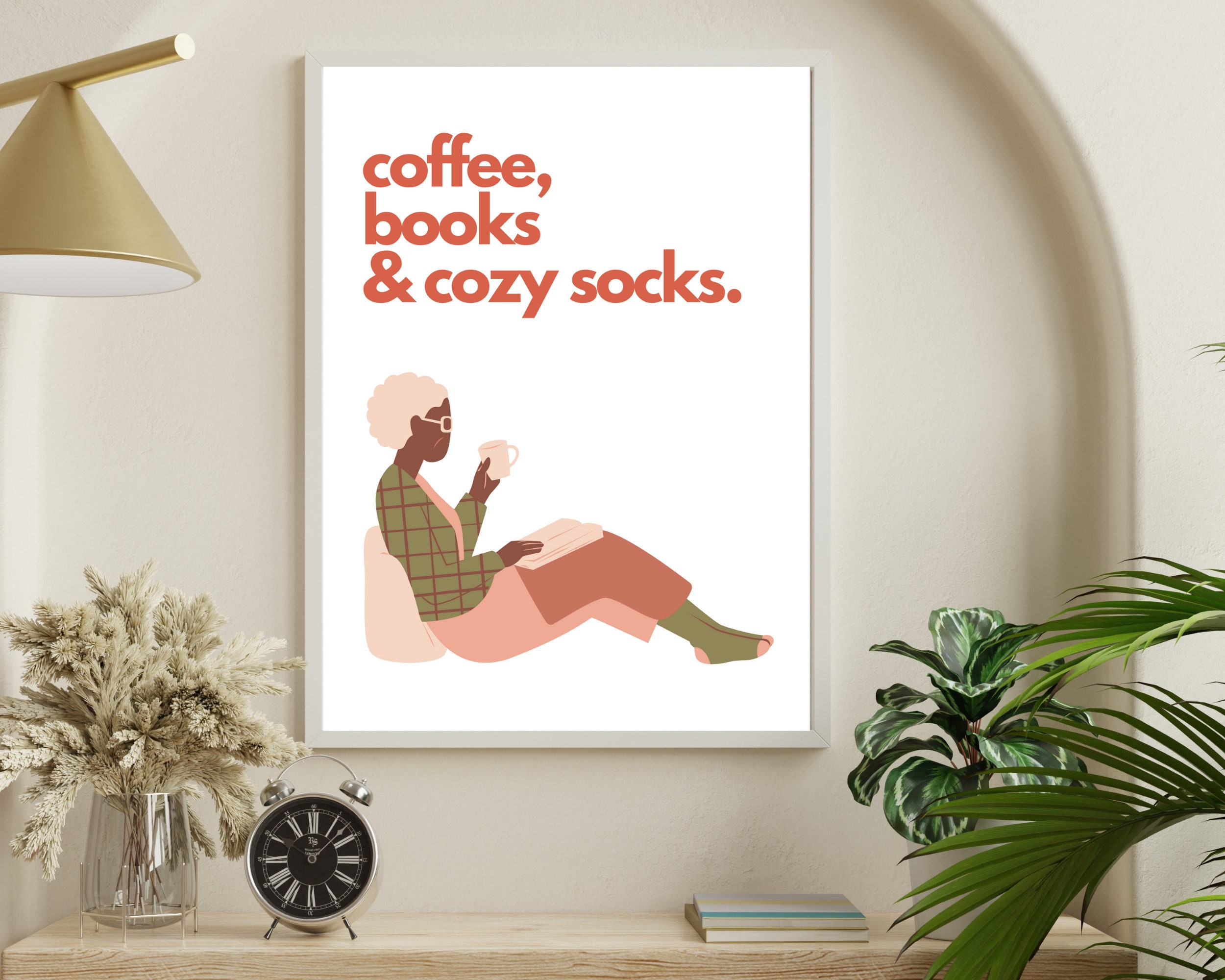 Minimalist Book Poster Girl Reading With a Quote Coffee, Books and Cozy ...