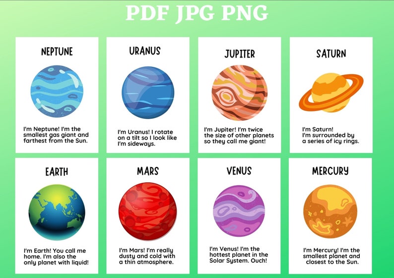 Solar System Flash Educational Cards Printable PDF JPEG PNG - Etsy