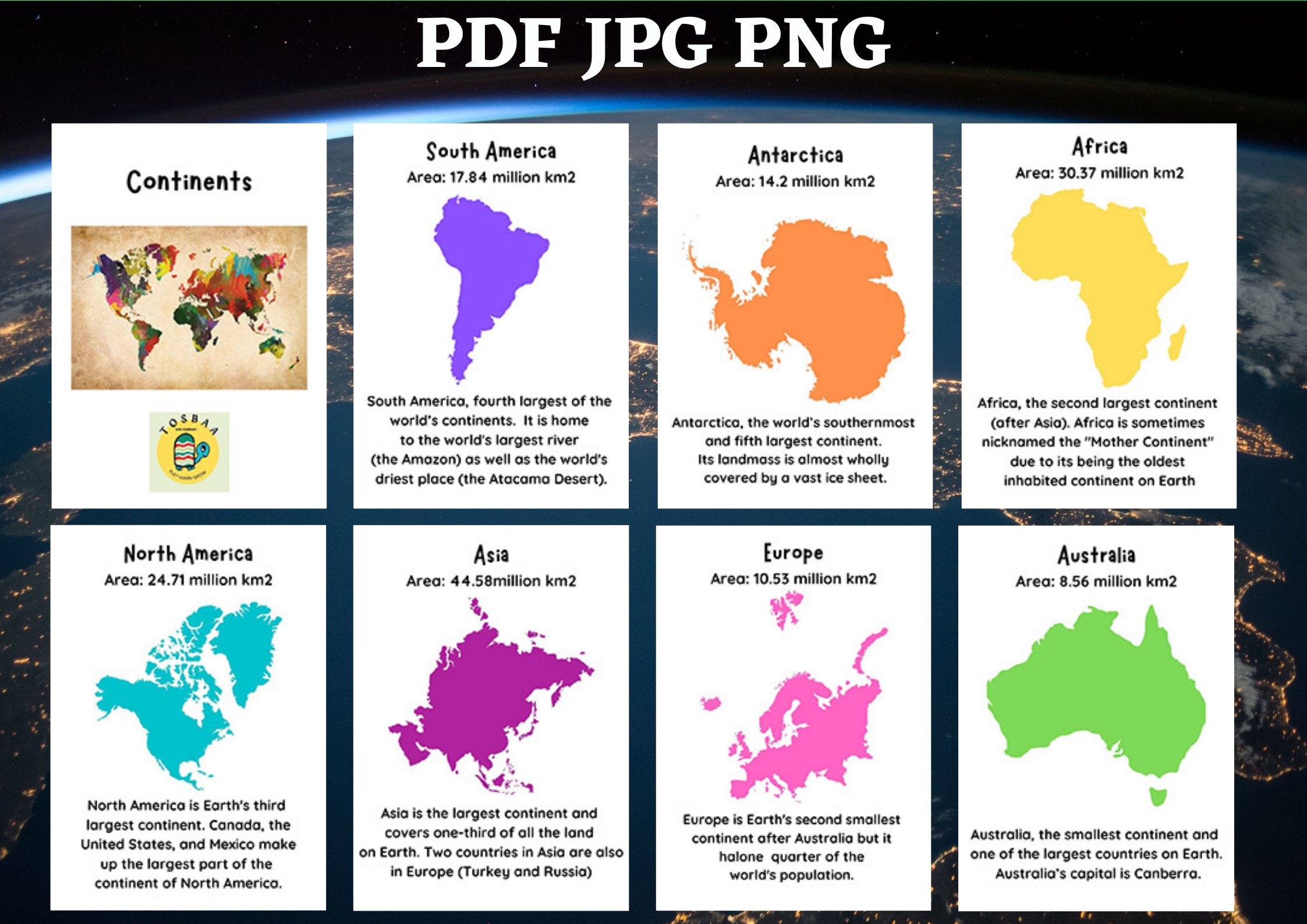 Continents Flash Educational Cards Printable PDF JPEG PNG Instant ...