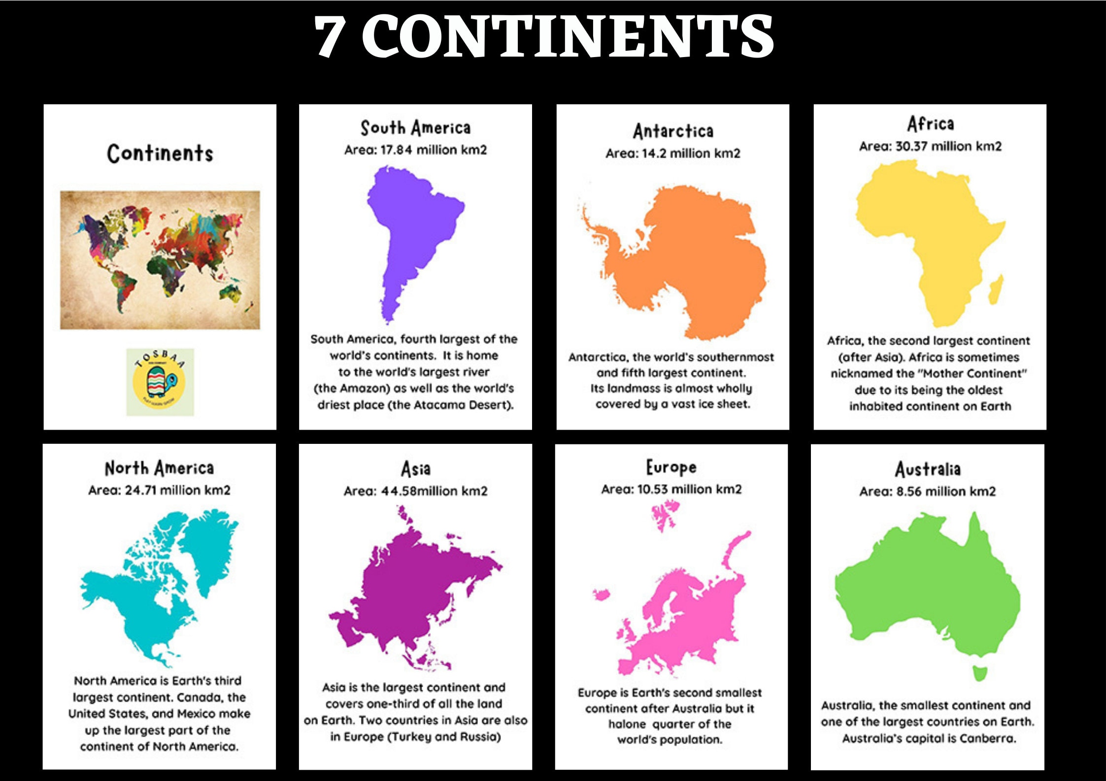 Continents Flash Educational Cards Printable PDF JPEG PNG Instant ...