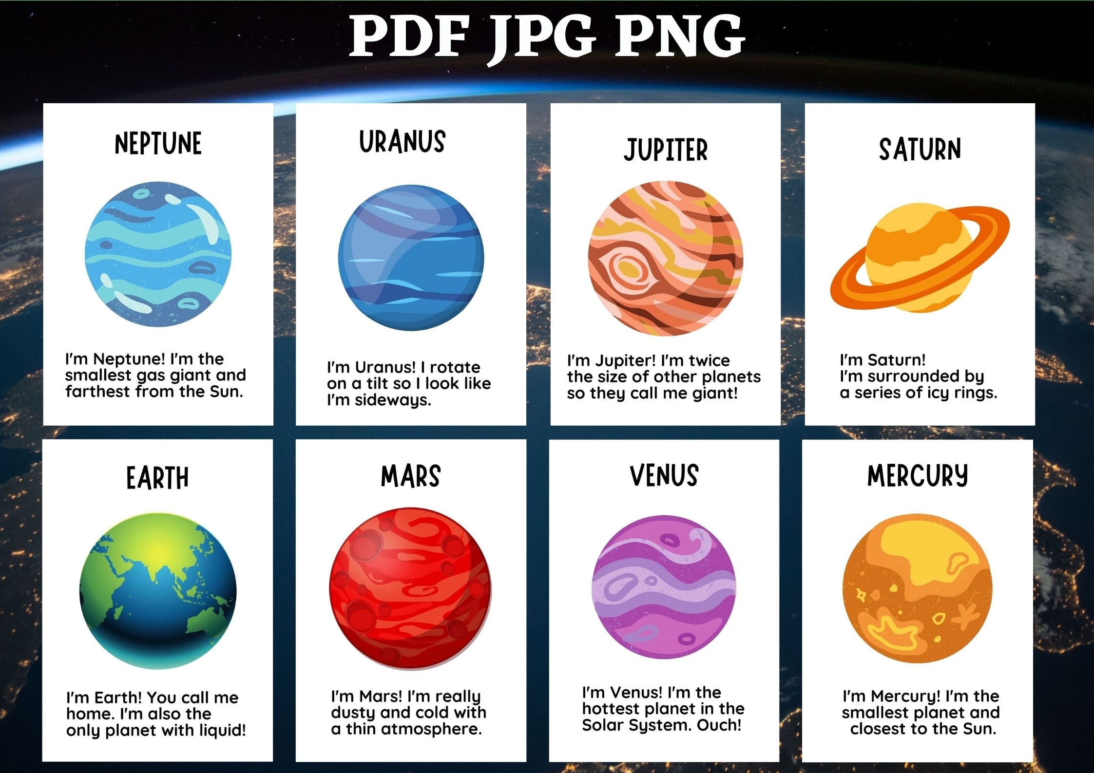 Solar System Flash Educational Cards Printable PDF JPEG PNG Instant ...