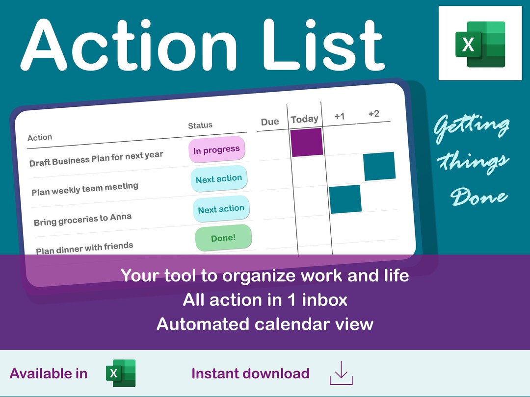 Action List, to Do List, Excel Template, Getting Things Done, Instant ...