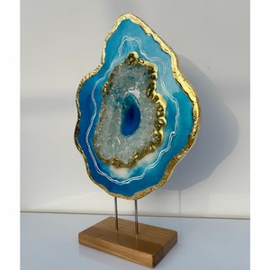 Floating Agate. Geode Slice Blue & Gold, Unique Gift, Home Decor ...
