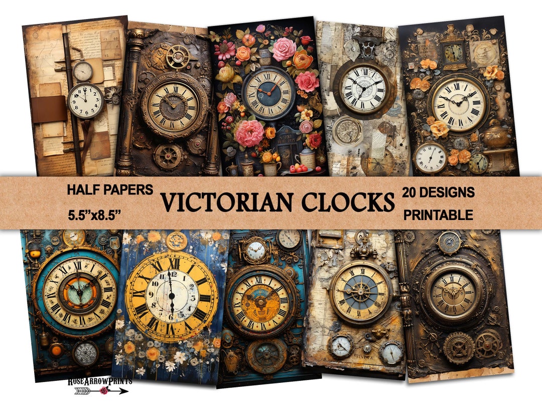 Victorian Antique Clocks Junk Journal Printable Half Papers | Steampunk ...