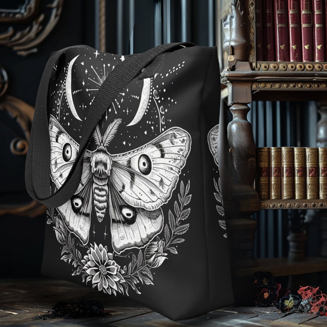 Moths, Moth Art, Black Handbag, Black Tote Bag, Ladies Bag, Bag, Black ...