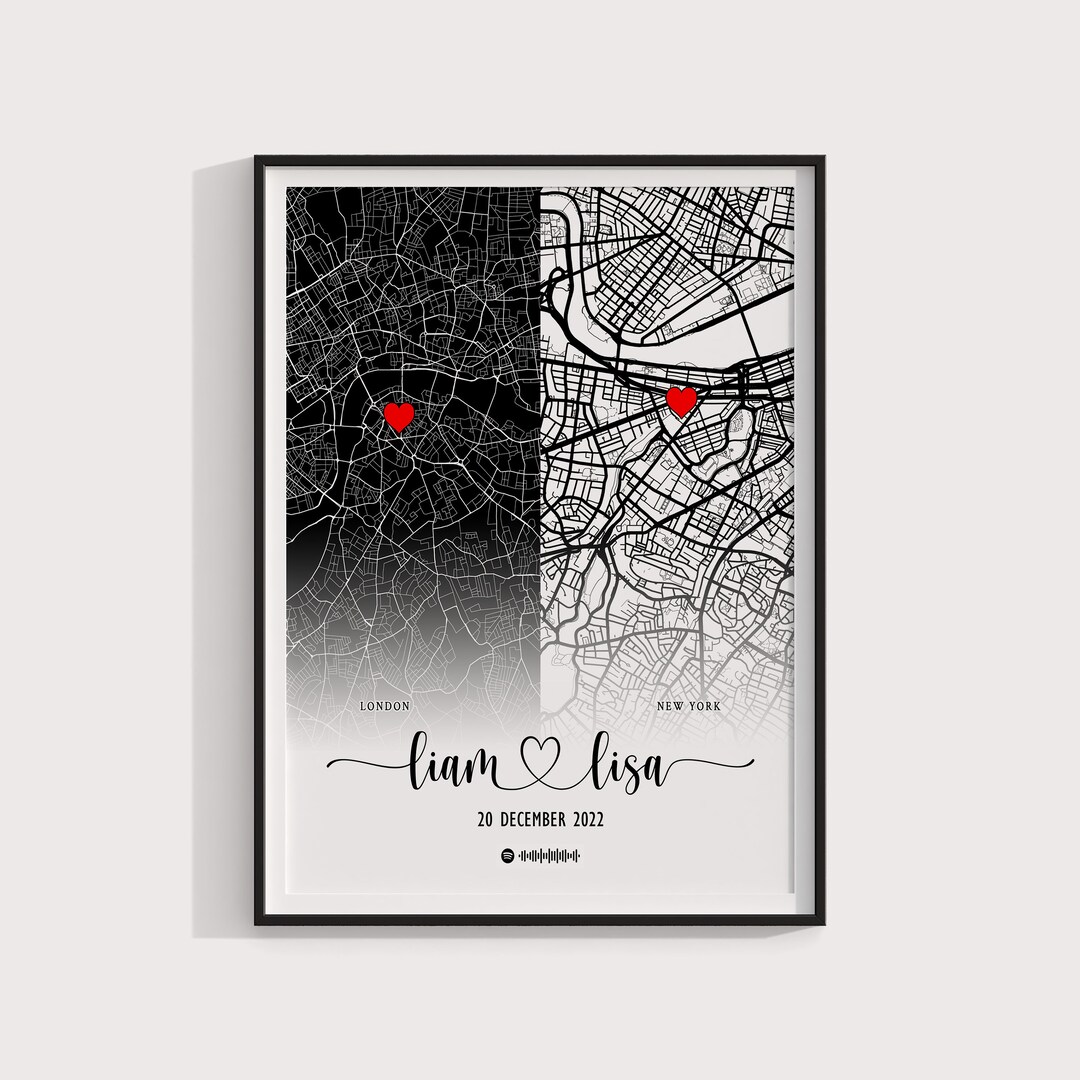 Custom Love Map Print: Two Locations, Personalized Couple Gift - Etsy