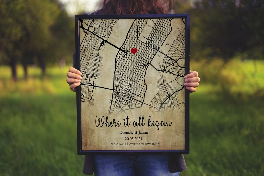 Where We Met Map Where It All Began Couple Map Gift for Her Gift for ...