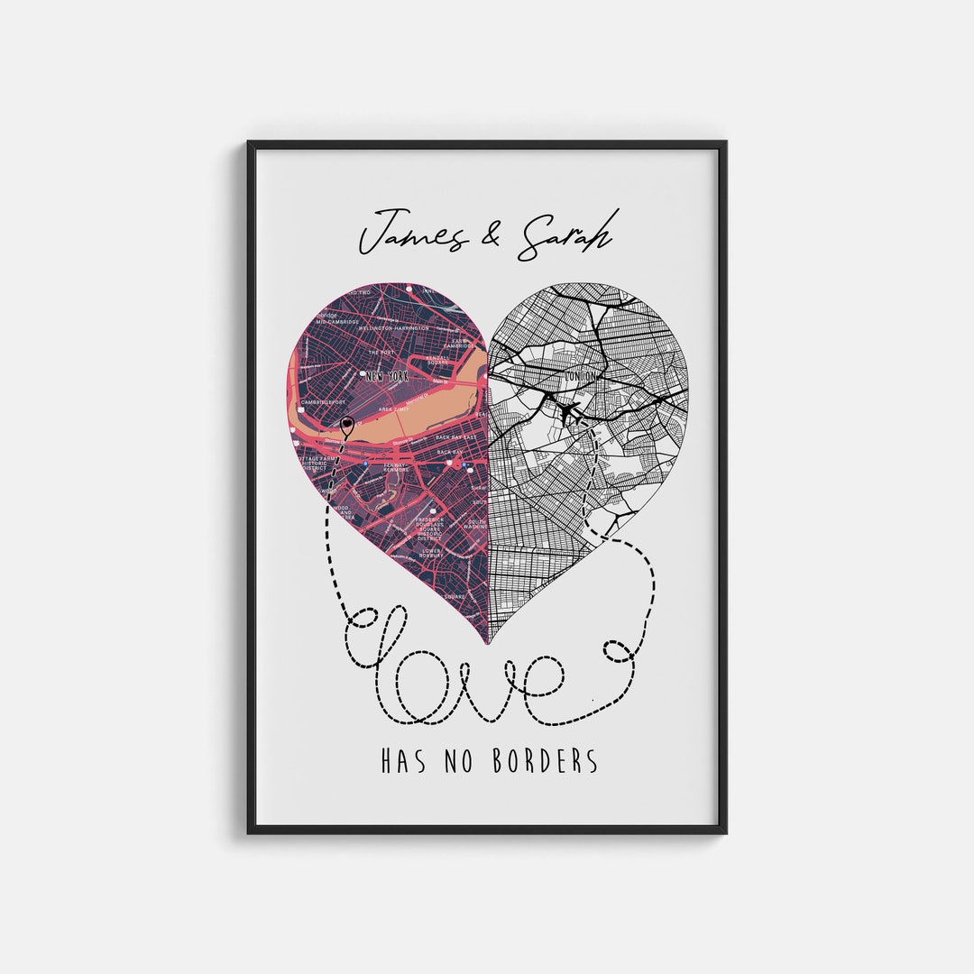 Long Distance Map Art Two Location Gift Personalized Love Mapdigital ...