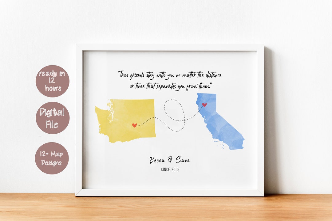 International Love Map Art, Long Distance Relationship Gift for ...