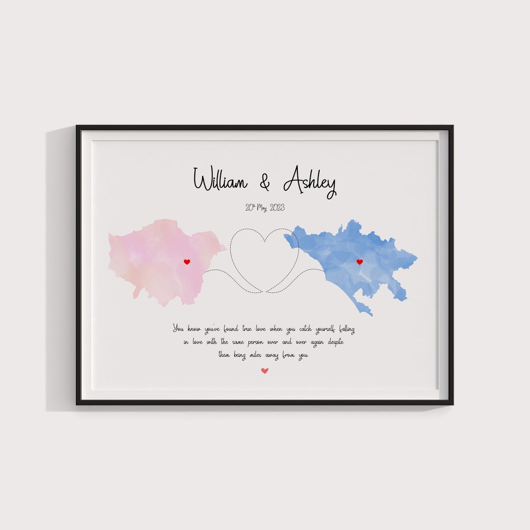 Long Distance Relationship Map Print: Two Location Love Map (digital ...