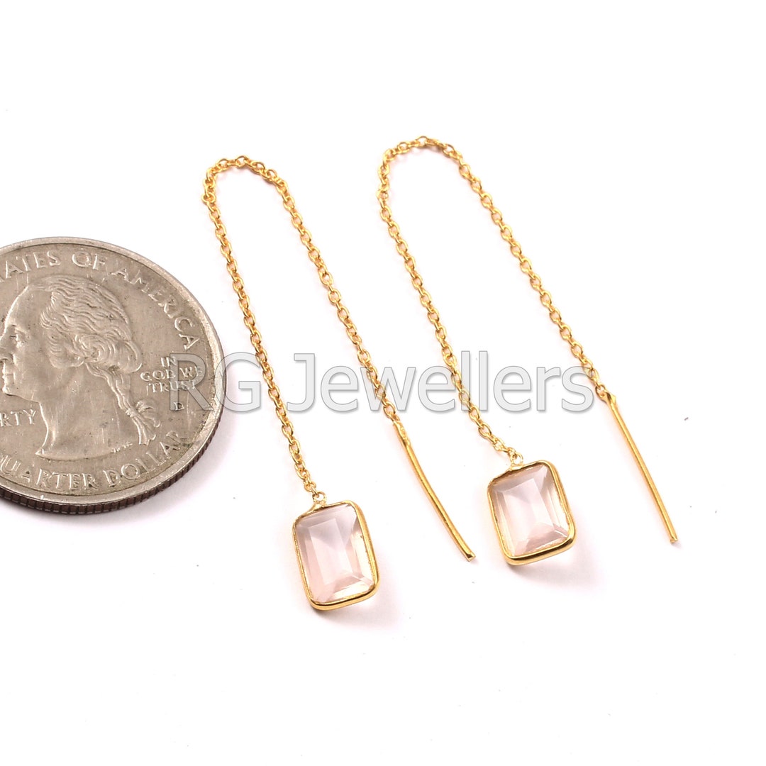 Rose Quartz Earring, 18K Solid Gold Threader Earring, Threader Gold Earring, Faceted Rose Quartz ...