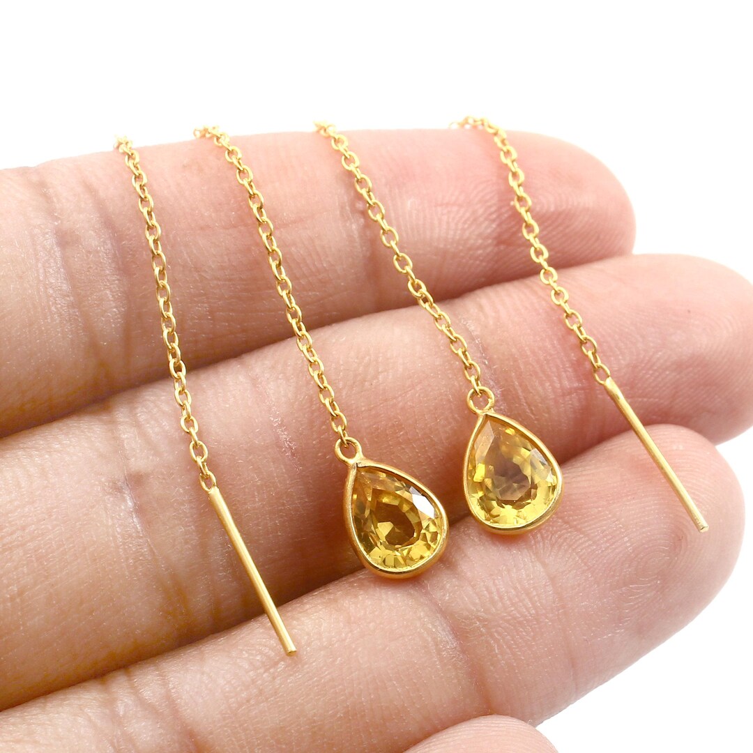 Yellow Sapphire Earring, 18K Solid Gold Threader Earring, Threader Gold Earring, Yellow Sapphire ...