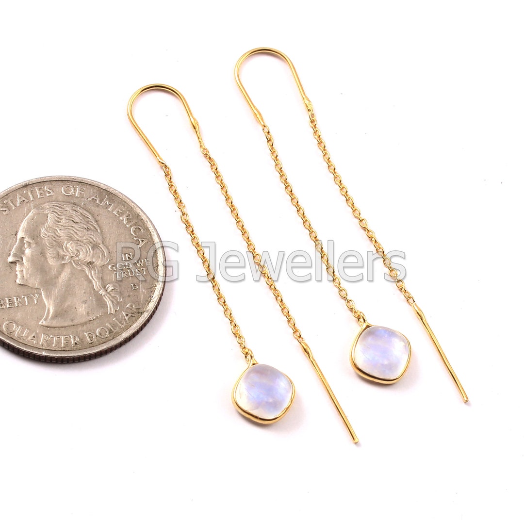 Moonstone Earring, 18K Solid Gold Threader Earring, Threader Gold Earring, Rainbow Moonstone ...