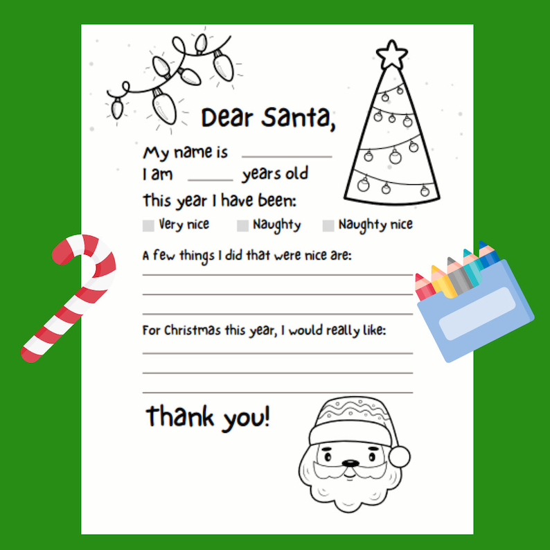 Printable Letter to Santa Template for Kids - Black and White Coloring ...
