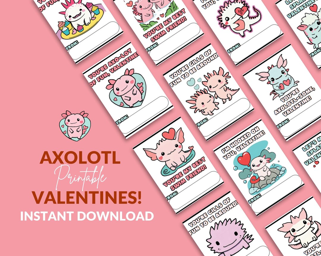 Axolotl Valentine Card, Classroom Valentine Cards, Printable Valentine ...