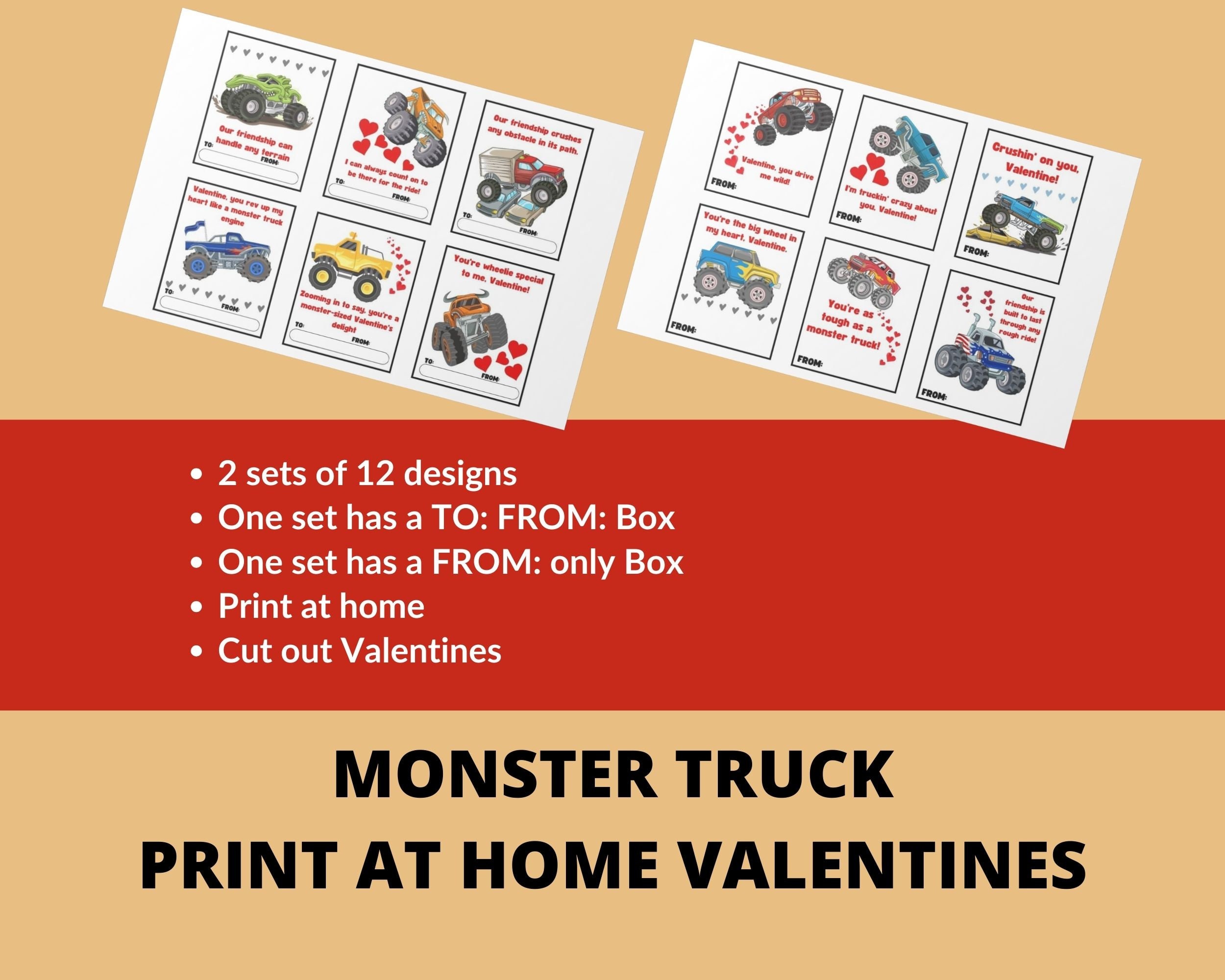 Monster Truck Valentines, Truck Printable Valentines, Classroom ...