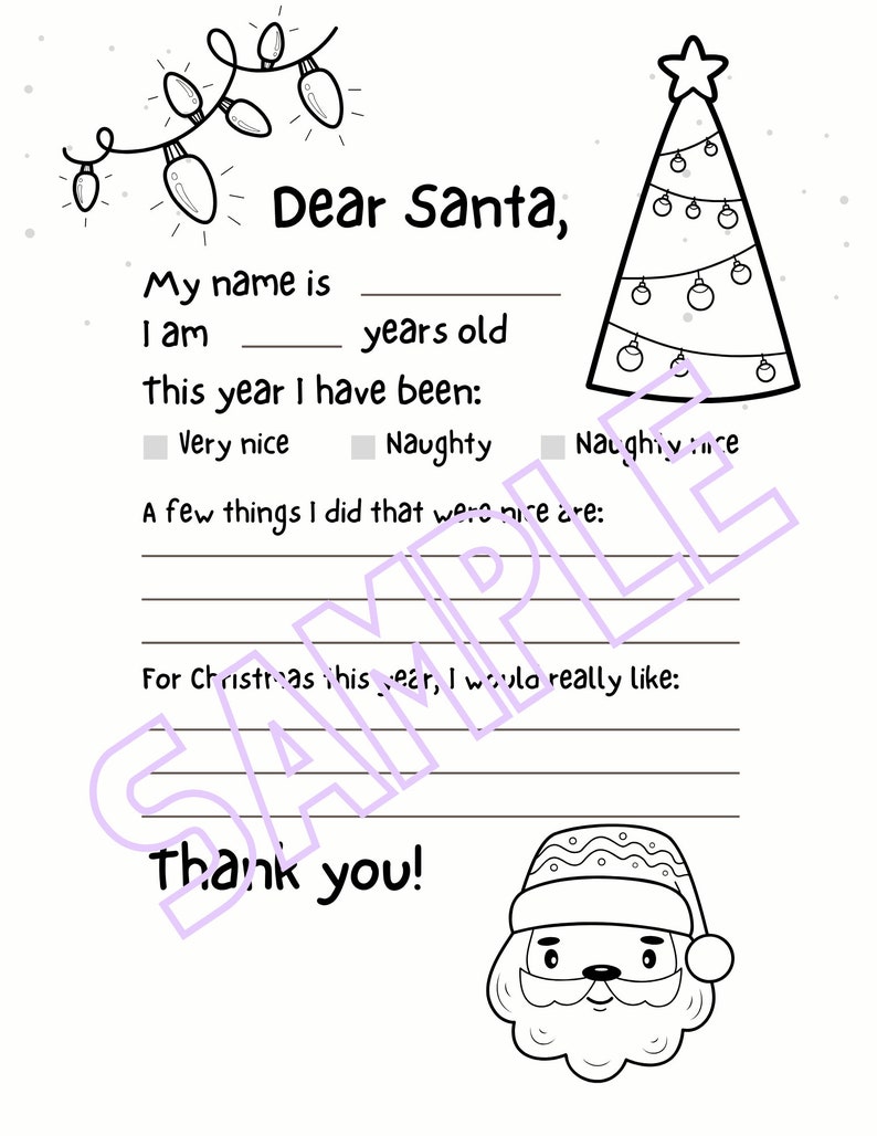 Printable Letter to Santa Template for Kids - Black and White Coloring ...