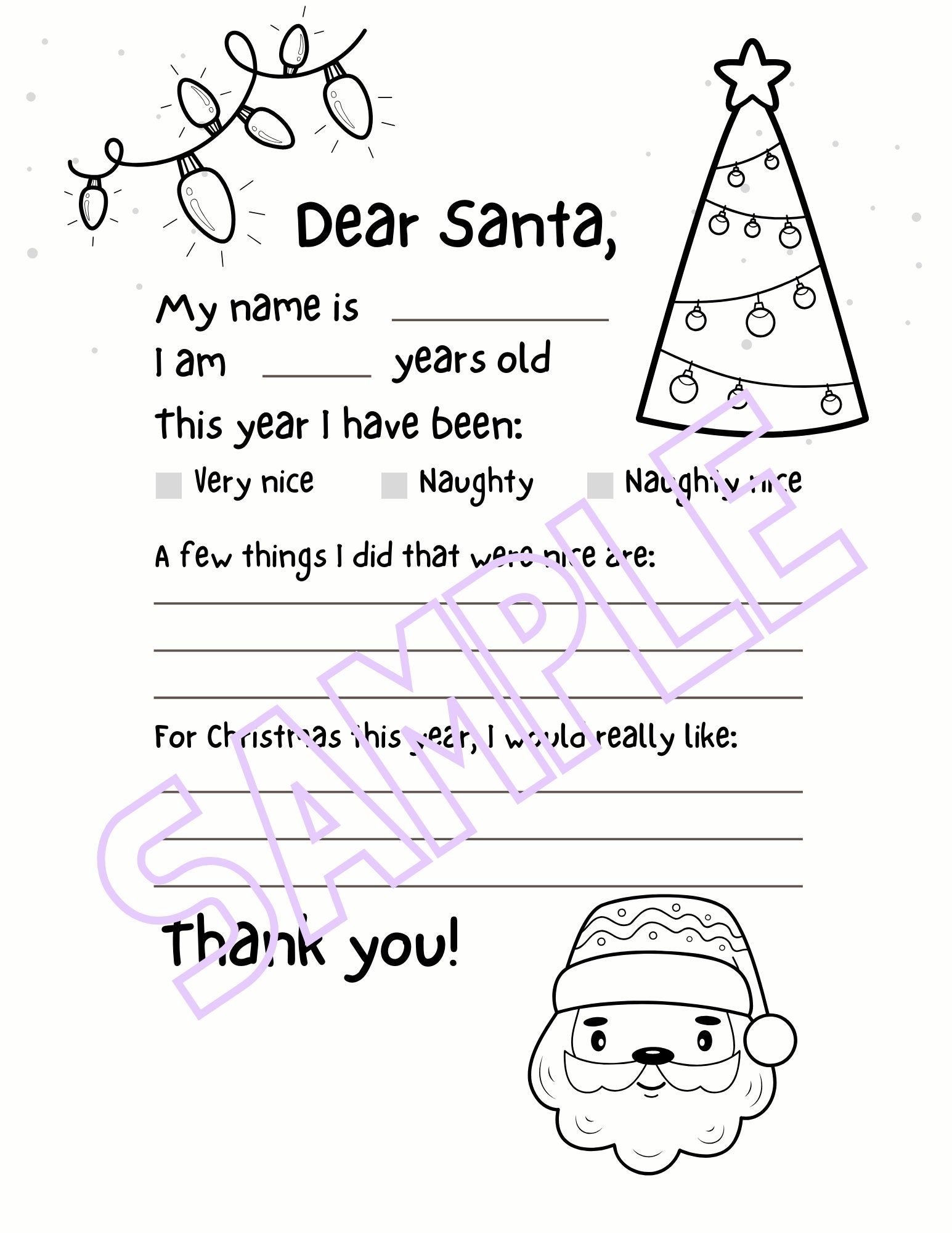 Printable Letter to Santa Template for Kids - Black and White Coloring ...