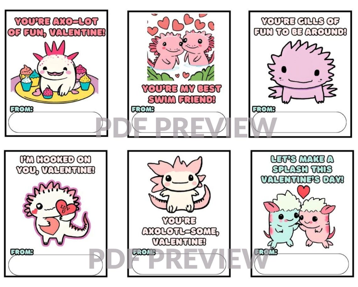 Axolotl Valentine Card, Classroom Valentine Cards, Printable Valentine ...