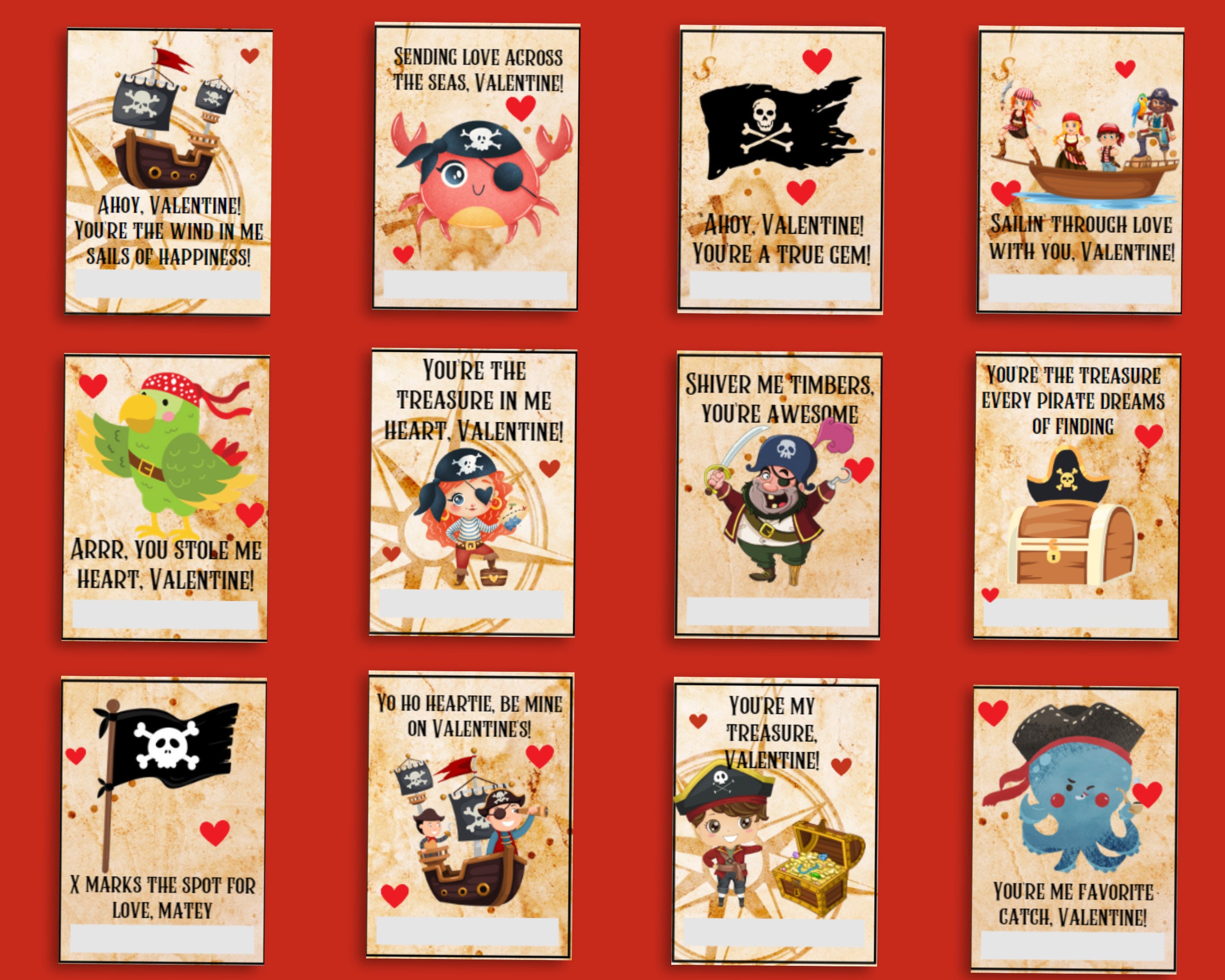 Pirate Valentines, Pirate Printable Valentines, Classroom Valentines ...