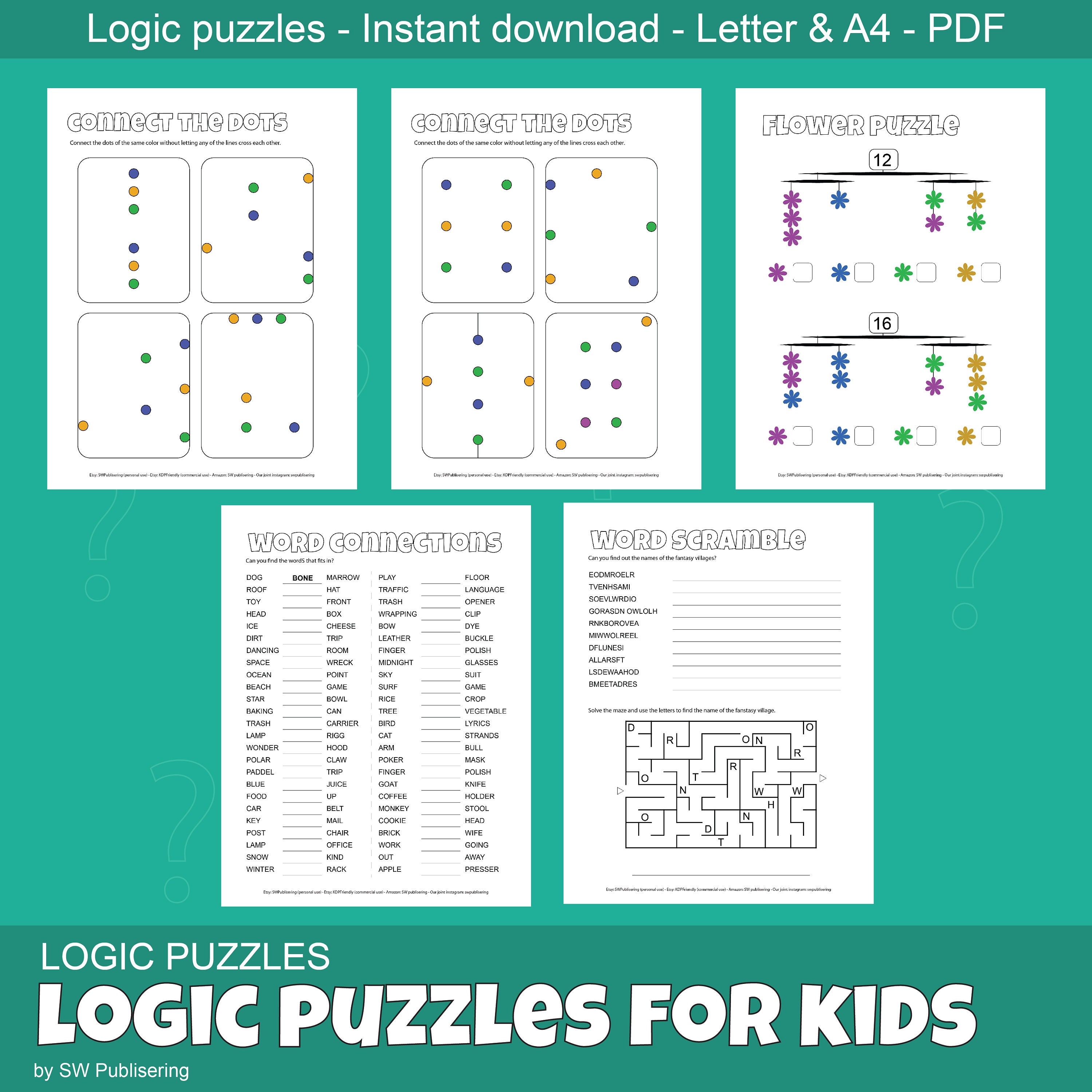LOGIC PUZZLES for Kids Printable Instant Download pdf in Letter and A4 ...