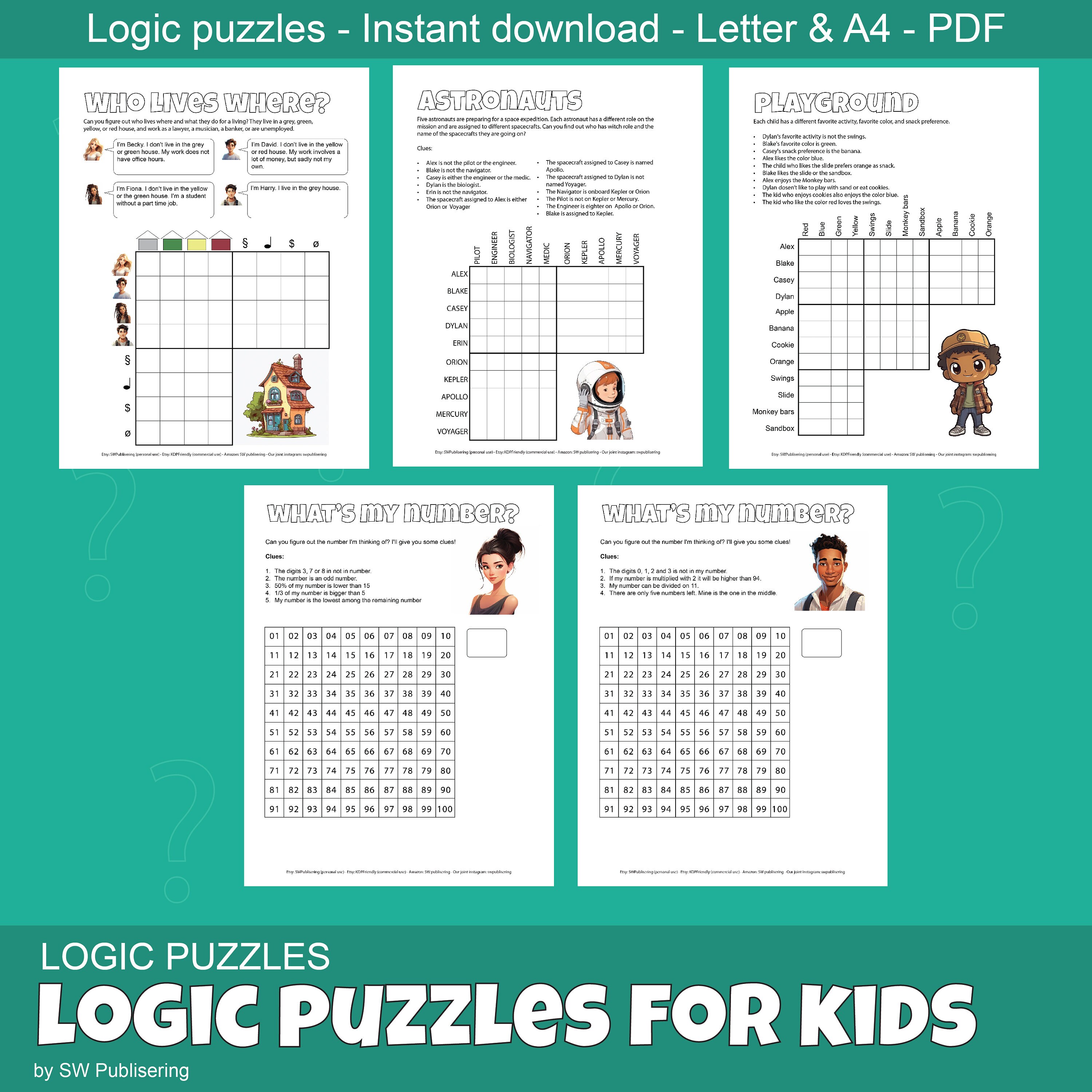 LOGIC PUZZLES for Kids Printable Instant Download pdf in Letter and A4 ...