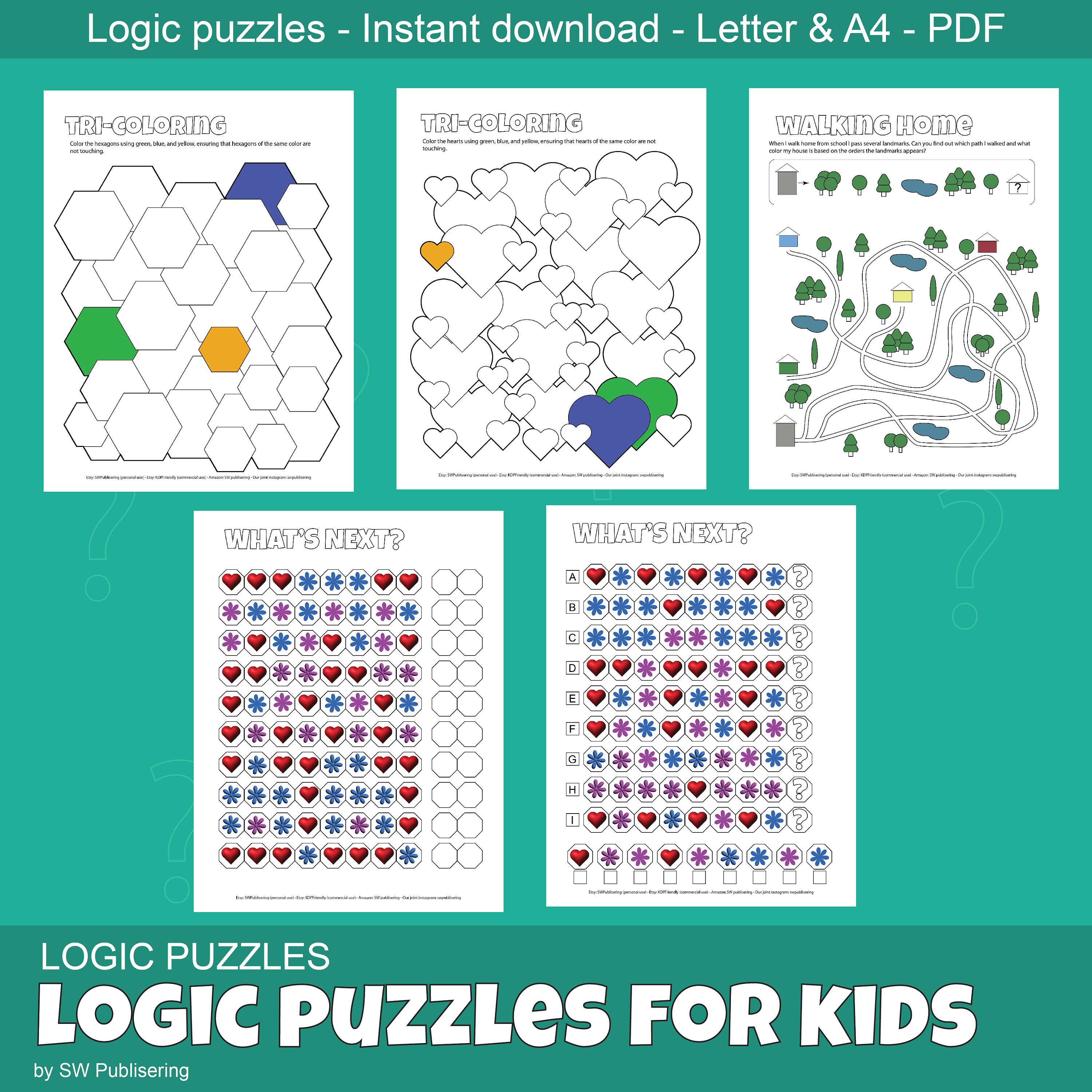 LOGIC PUZZLES for Kids Printable Instant Download pdf in Letter and A4 ...