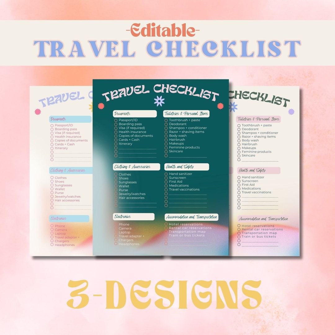 Cute Editable Digital Travel Checklist, Packing Checklist, Trip Planner ...