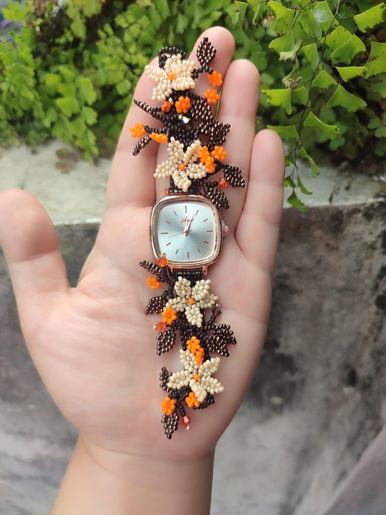 Beaded Floral Watch: Handmade Autumn Flower Wristwatch, Cottagecore ...