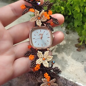 Beaded Floral Watch: Handmade Autumn Flower Wristwatch, Cottagecore ...