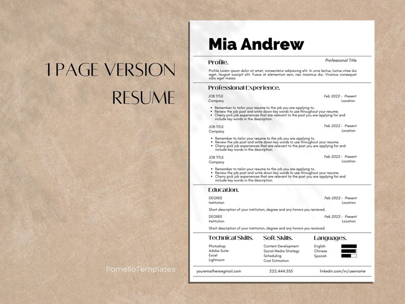 2 and 1 Page Resume, CV Template Canva, Professional Resume Template ...