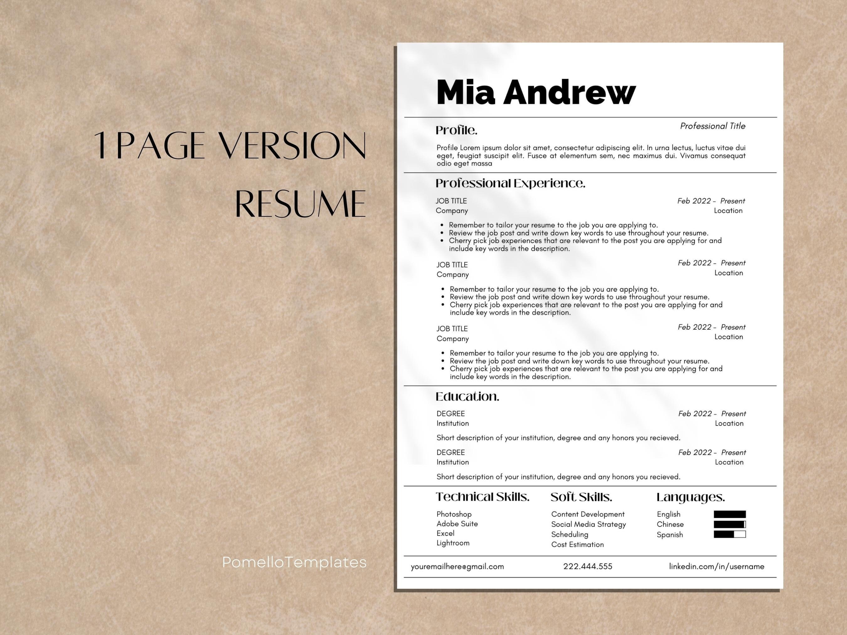 2 and 1 Page Resume, CV Template Canva, Professional Resume Template ...