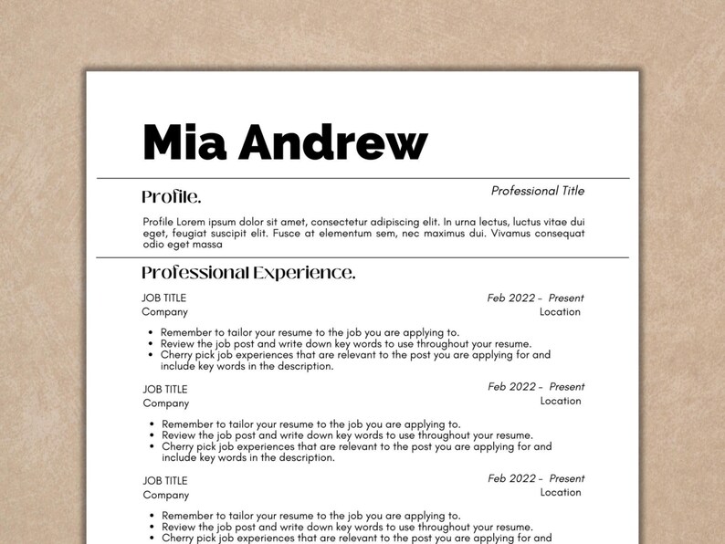 2 and 1 Page Resume CV Template Canva Professional Resume - Etsy