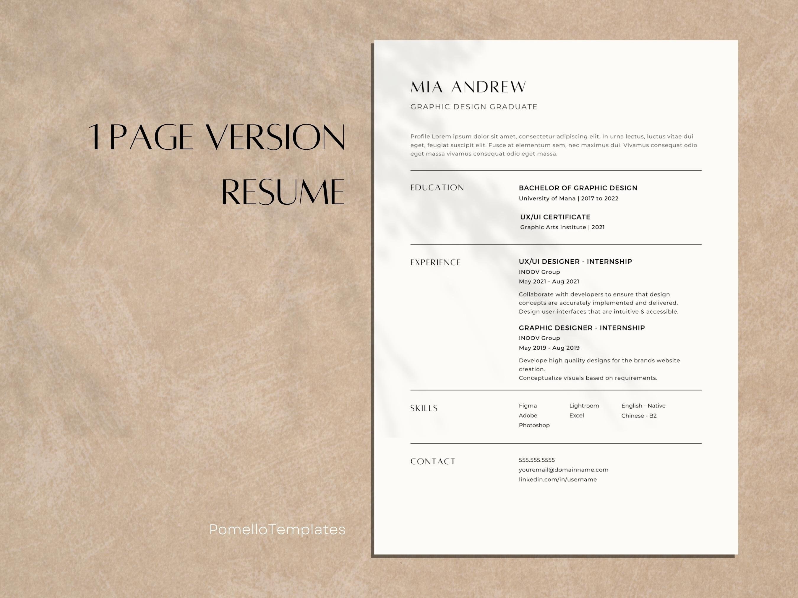 2 and 1 Page Resume CV Template Canva Professional Resume - Etsy