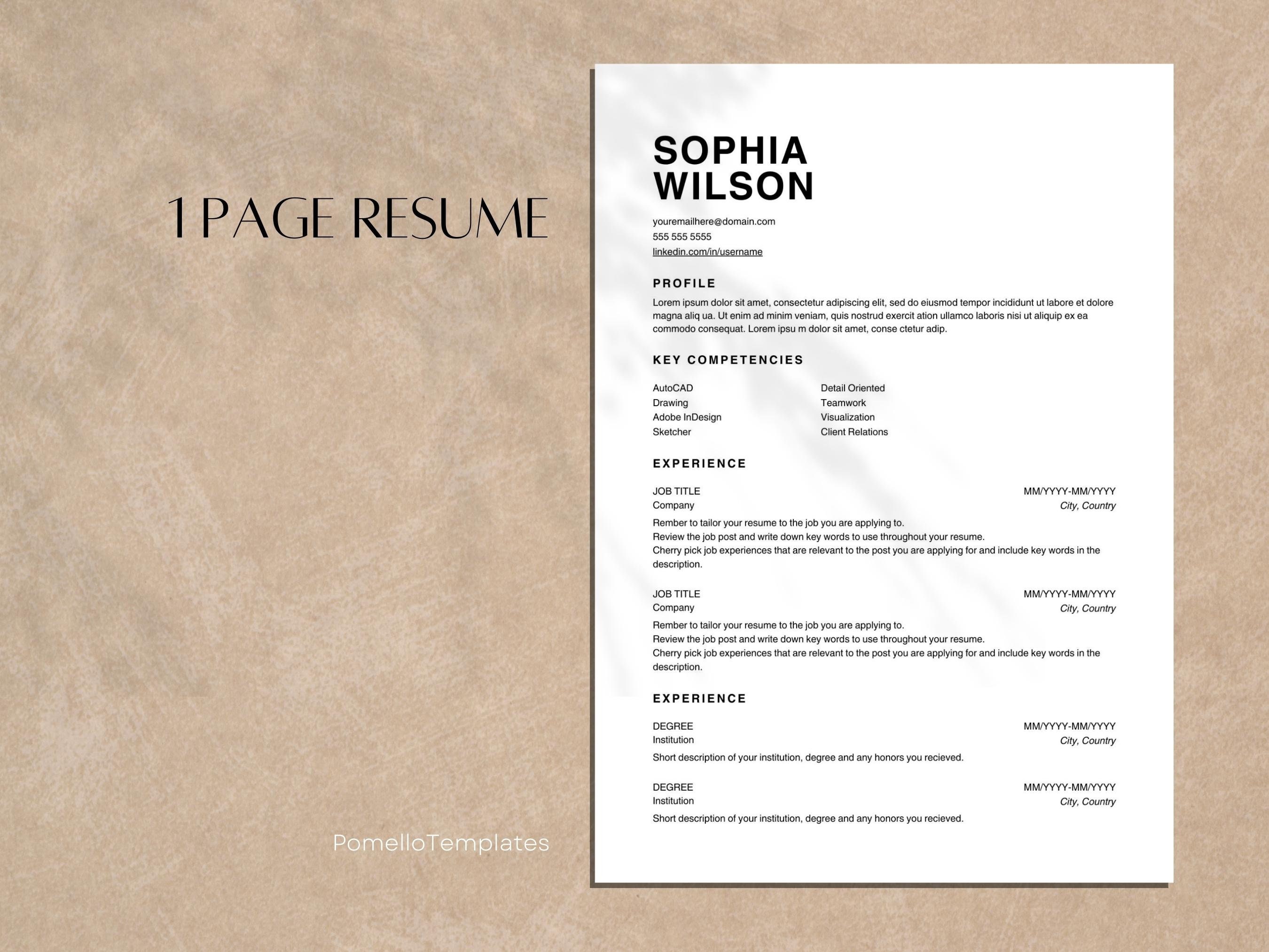 1 Page Resume Template Professional Resume Template Canva - Etsy