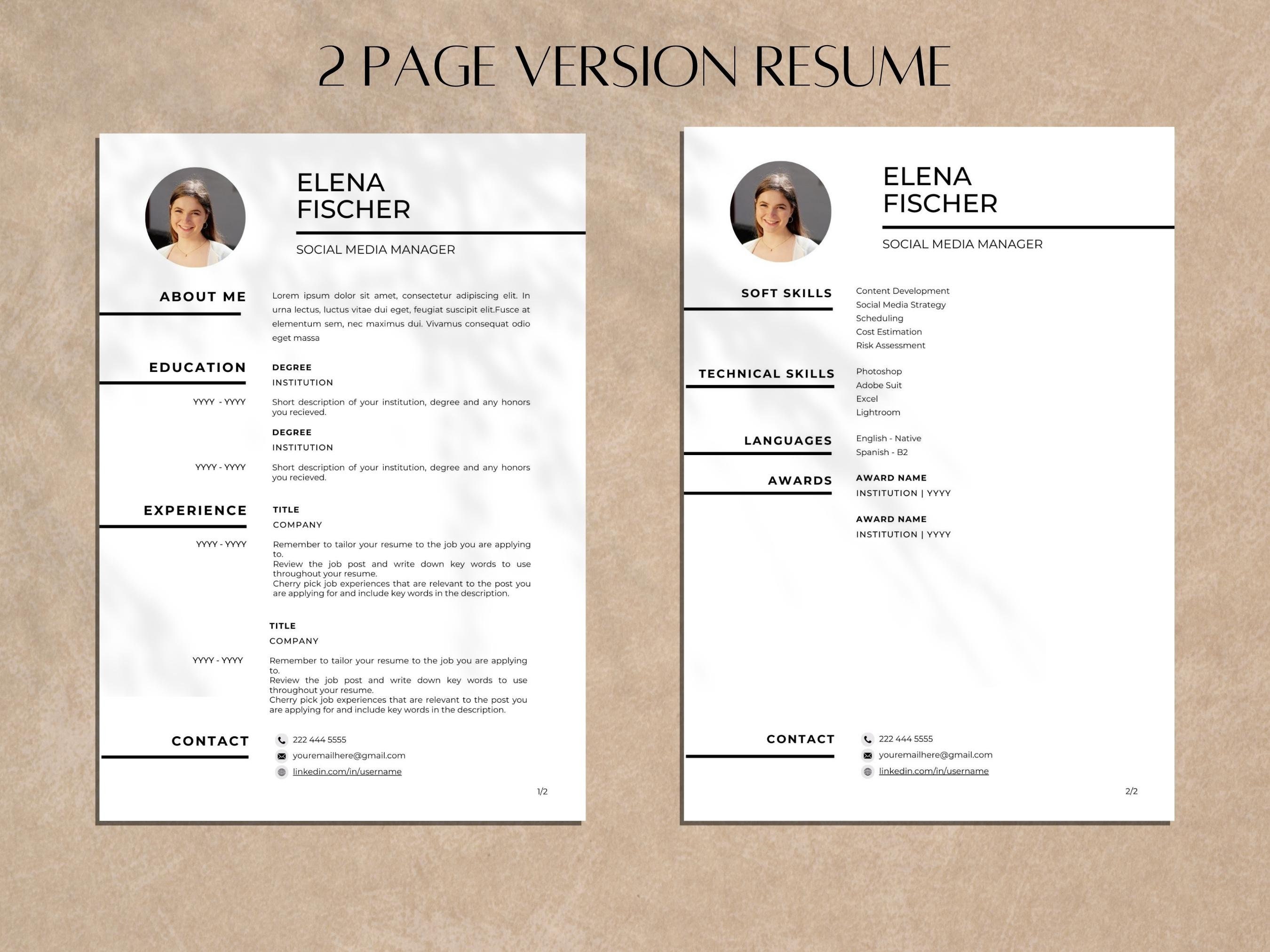 1 and 2 Page Resume With Photo, CV Template Canva, Professional Resume ...