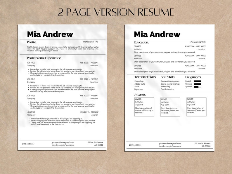 2 and 1 Page Resume, CV Template Canva, Professional Resume Template ...