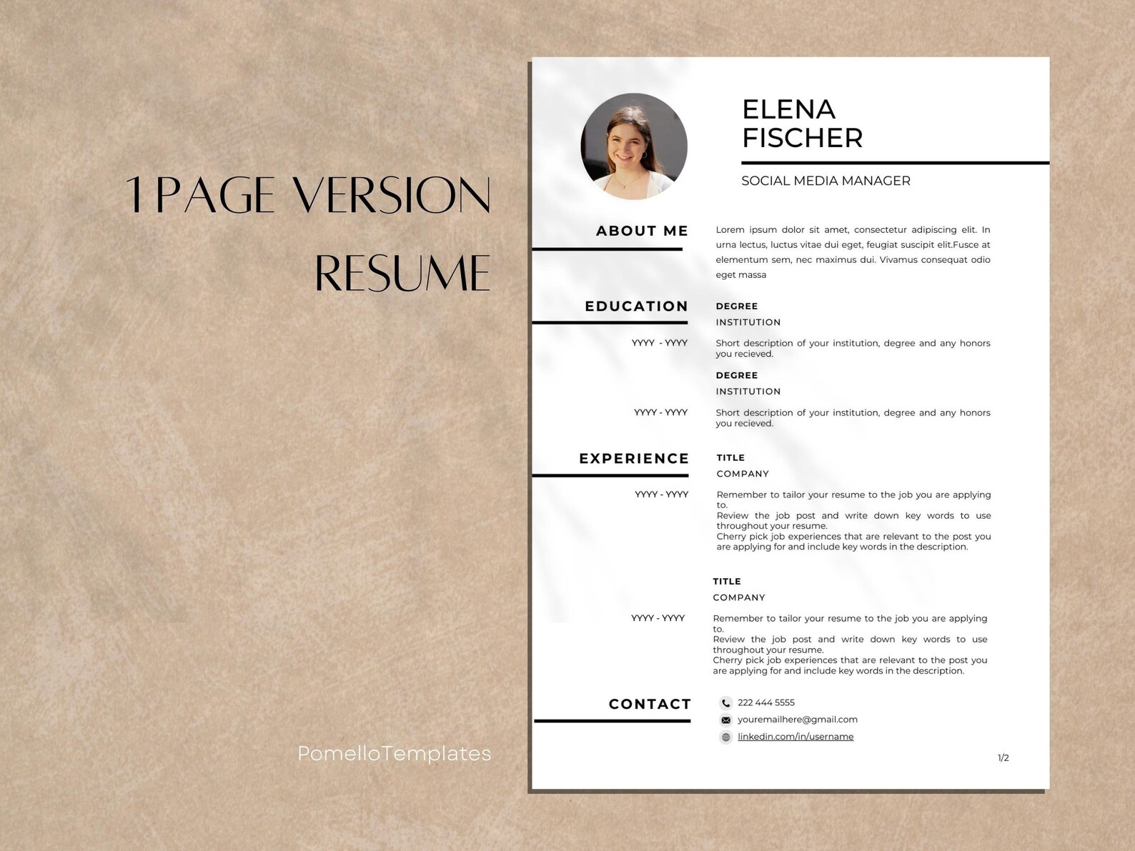 1 and 2 Page Resume With Photo, CV Template Canva, Professional Resume ...
