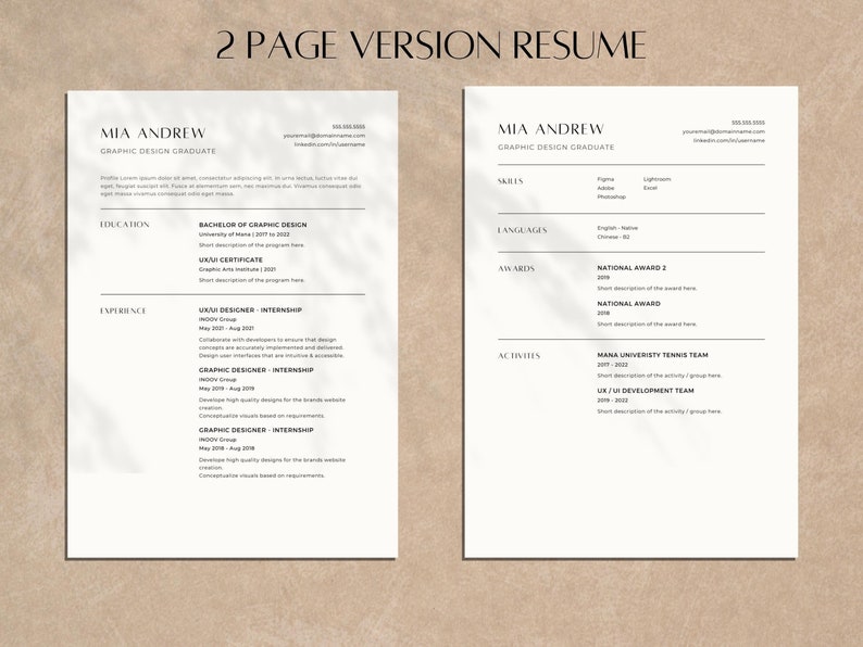 2 and 1 Page Resume CV Template Canva Professional Resume - Etsy