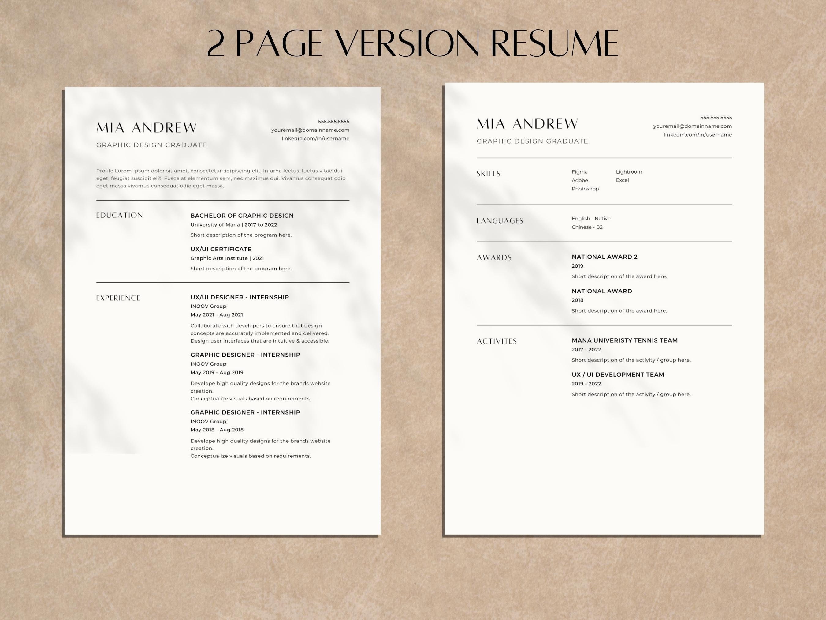 2 and 1 Page Resume CV Template Canva Professional Resume - Etsy