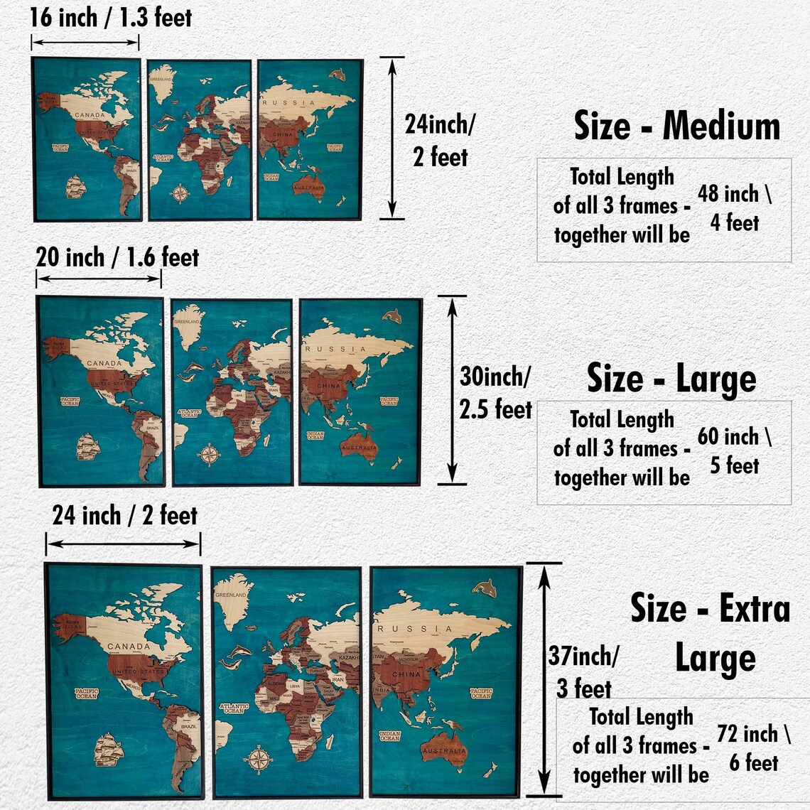 3 Frames World Map Wall Décor Framed Wall Hanging for Office, Home ...