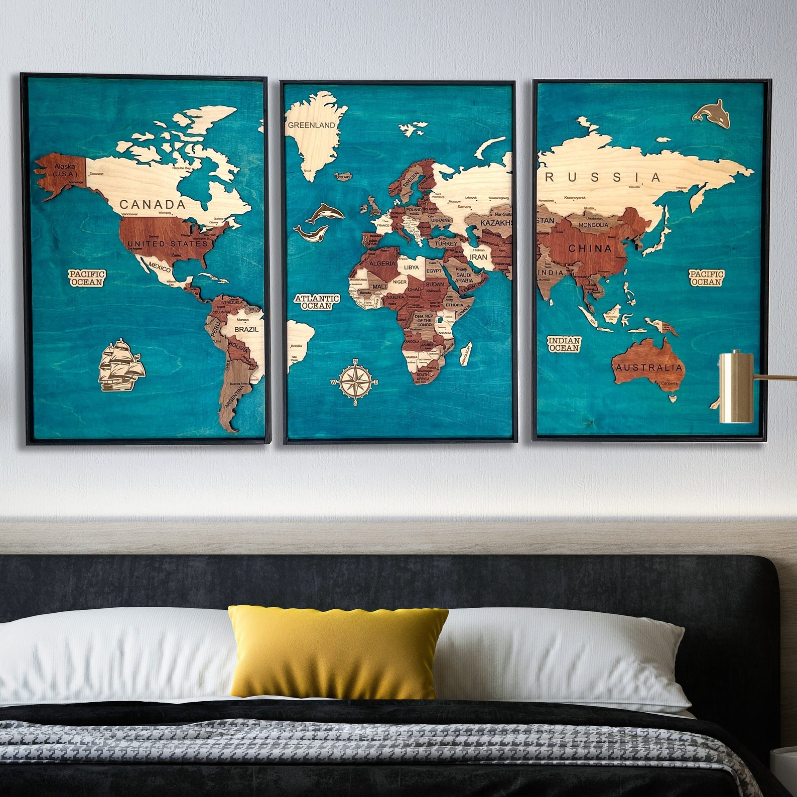 3 Frames World Map Wall Décor Framed Wall Hanging for - Etsy