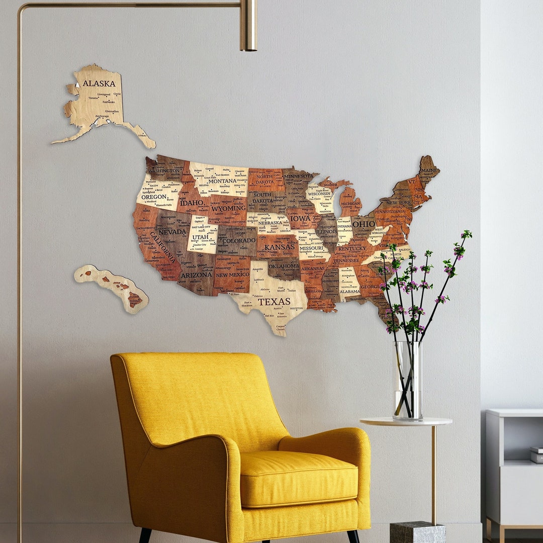 Multilayered USA Wood Map Wall Art - Precision Laser Cut, Hand-stained ...